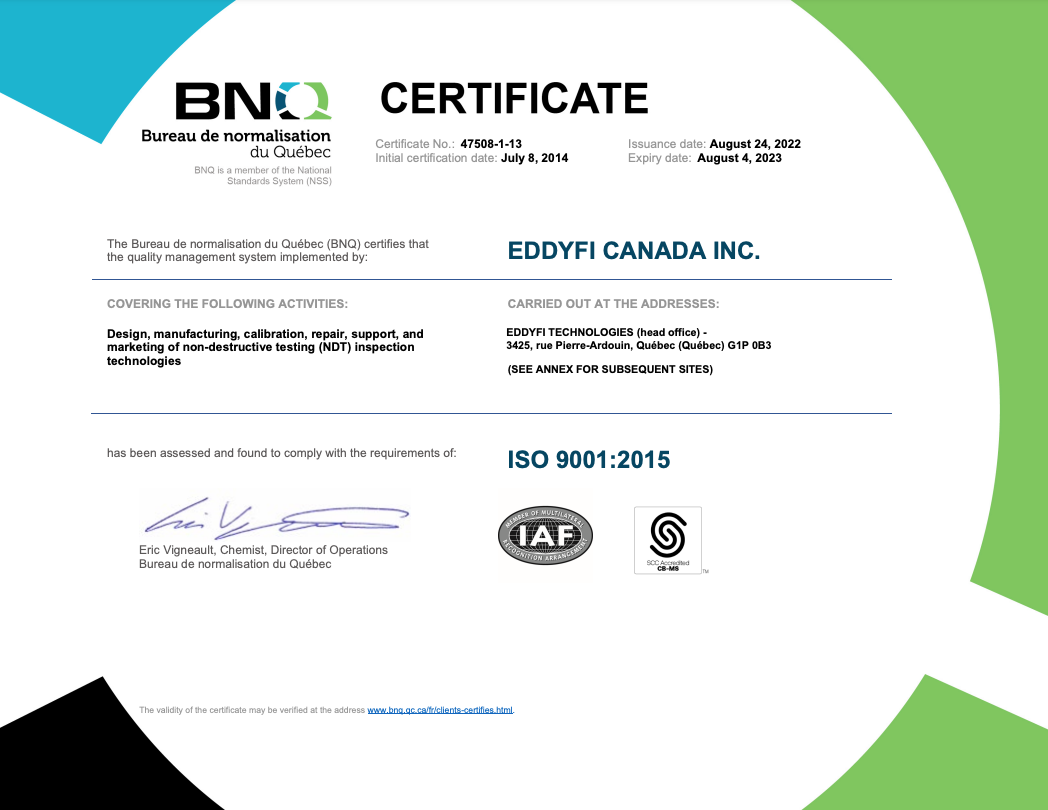 Eddyfi Technologies Quality Certification and Documentation